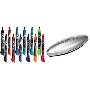 Quartet Dry Erase Markers, Whiteboard Markers, Chisel Tip, EnduraGlide, BOLD COLOR, Assorted Colors, 12 Pack (5001-20MA) AND Glass Whiteboard Eraser, Premium, Magnetic, Silver (SFEB3)
