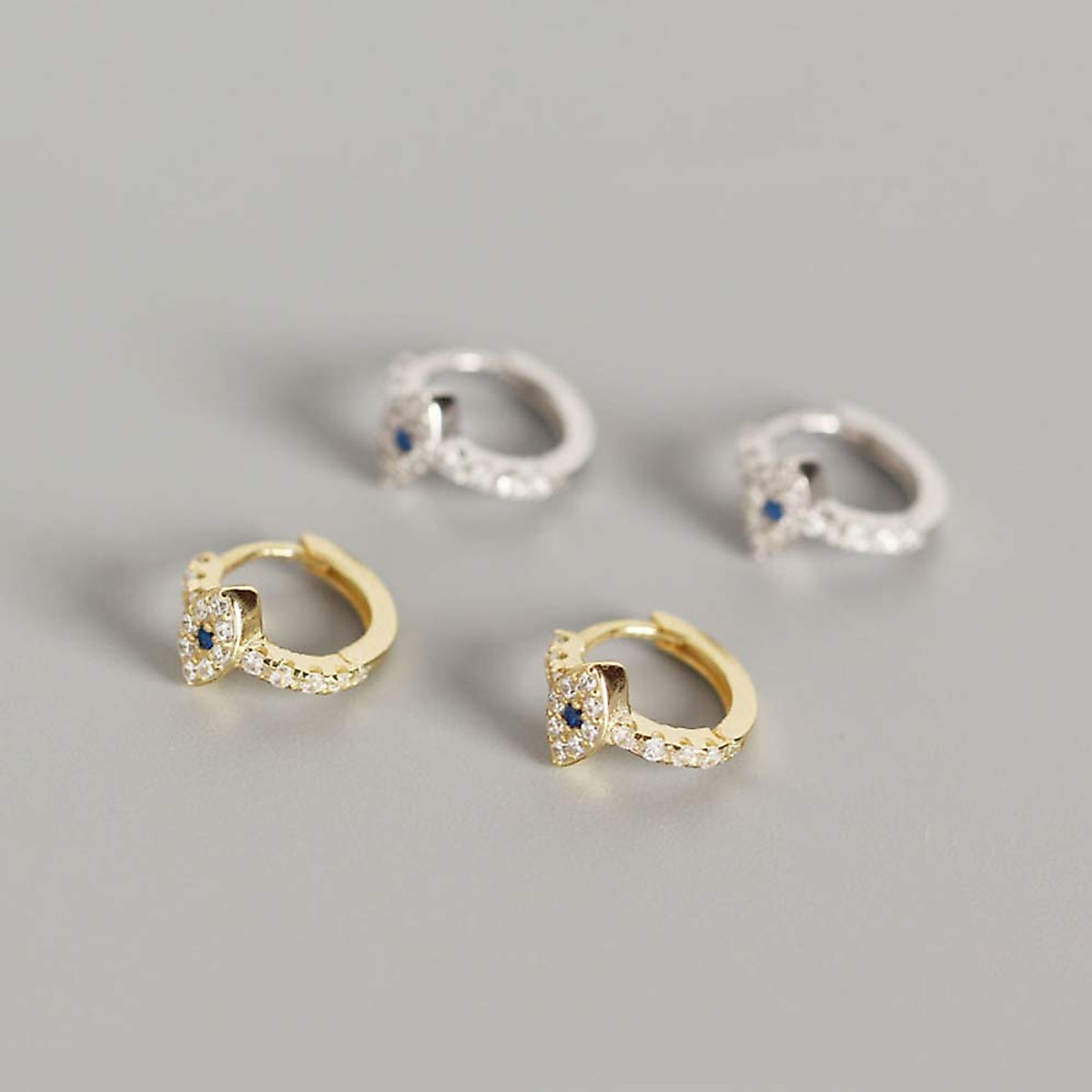 Blue Crystal Evil Eye Tiny Round Hoop Earrings Sterling Silver 14k Gold Plated Dainty CZ Small Hinged Huggie Endless Hoops for Women Daughter(Silver)