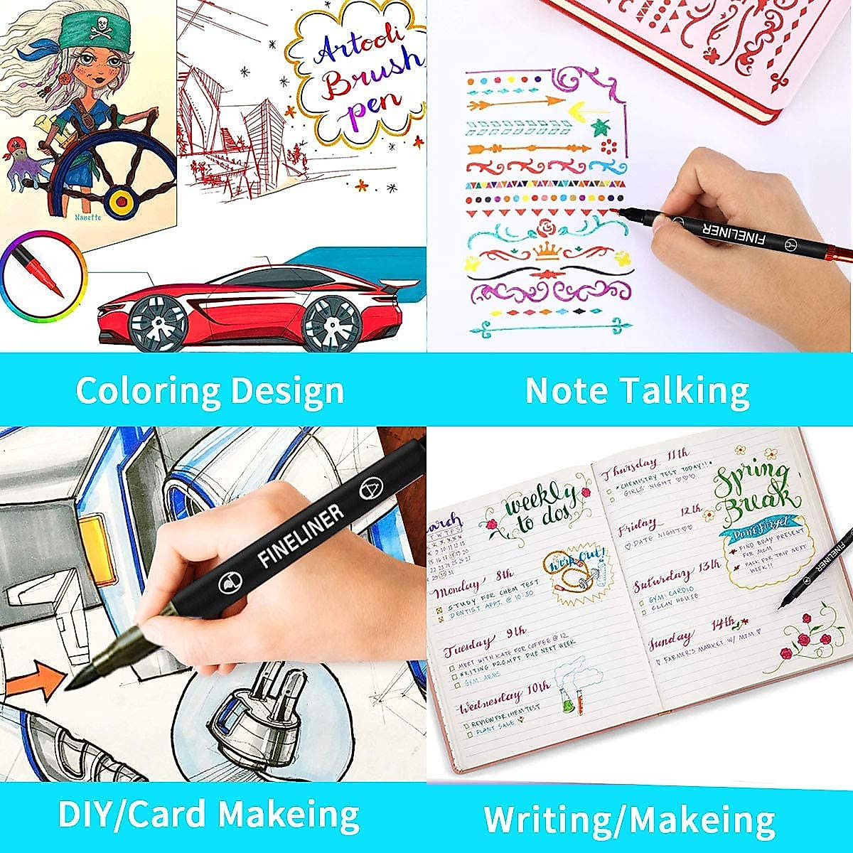 JEFFNIUB Dual Brush Markers Pens 24 Colors, No Bleed Caligraphy Markers for Adult Coloring Book, Bullet Journals Supplies, Lettering, Drawing Art Watercolor Markers Dual Tip Set