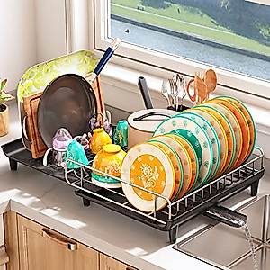 Dish Drying Rack, Kitchen Counter Dish Drainers Rack Expandable(16.9" to 26.8"), Auto-Drain Drainboard Stainless Steel Large Strainers Drying Rack with Pan Holder Utensil Holder Caddy Organizer, Black