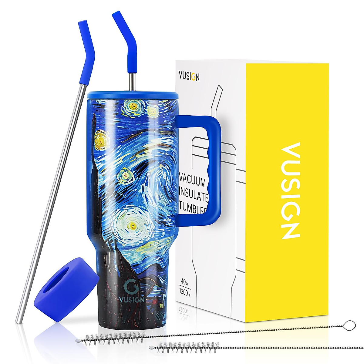 VUSIGN 40 oz Tumbler with Handle and Straw Lid, Stainless Steel Vacuum Insulated Tumbler Travel Mug Water Bottle Cup for Water Iced Tea Coffee Smoothie Car, Starry Night