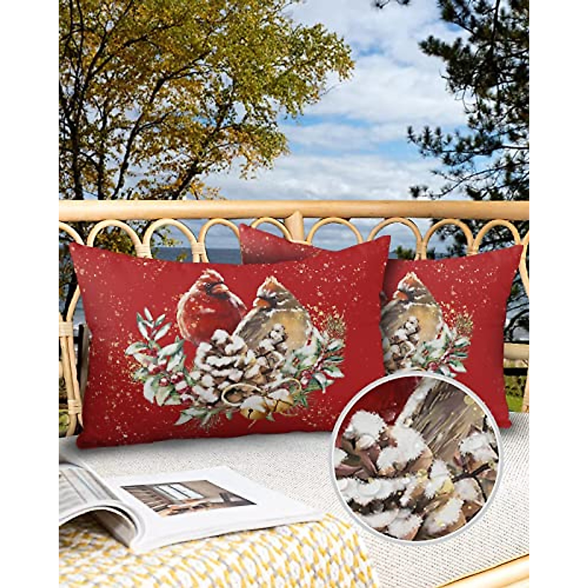 LBDOMOV Christmas Outdoor Throw Pillow Covers Cases for Patio Furniture Set of 2,Xmas Red Gold Winter Snowy Bell Pine Waterproof Decorative Lumbar Pillowcases for Garden Tent Balcony 12x20 Inch