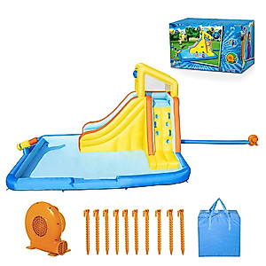 FBITE Inflatable Bouncy Castle, Jumper House Water Pool Slide Activity Center with Water Slide, Climbing Wall, Water Gun and Pool Area for Kids