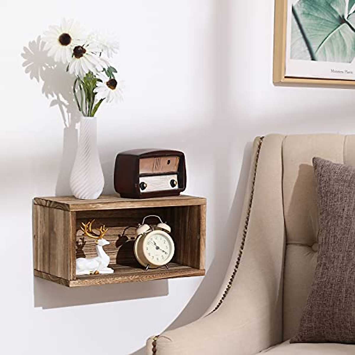 Adowes Floating Nightstand with Removable Door Nightstand for Wall Rustic Wood Bedside Shelves Carbonized Black