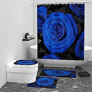 CiFan 4 Pcs Blue Rose Shower Curtain Sets with Rugs,Toilet Lid Cover and Bath Mat Flower Bathroom Sets with Rugs Delicate Roses Shower Curtain for Bathroom Decor Waterproof Shower Curtains