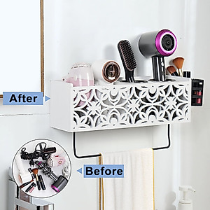 TRSPCWR Hair Tool Organizer Wall Mounted, Hair Dryer and Styling Holder with Towel Bar, Bathroom Blow Dryer Holder with Side Basket, Farmhouse Vanity Caddy Storage Stand for Accessories, Makeup