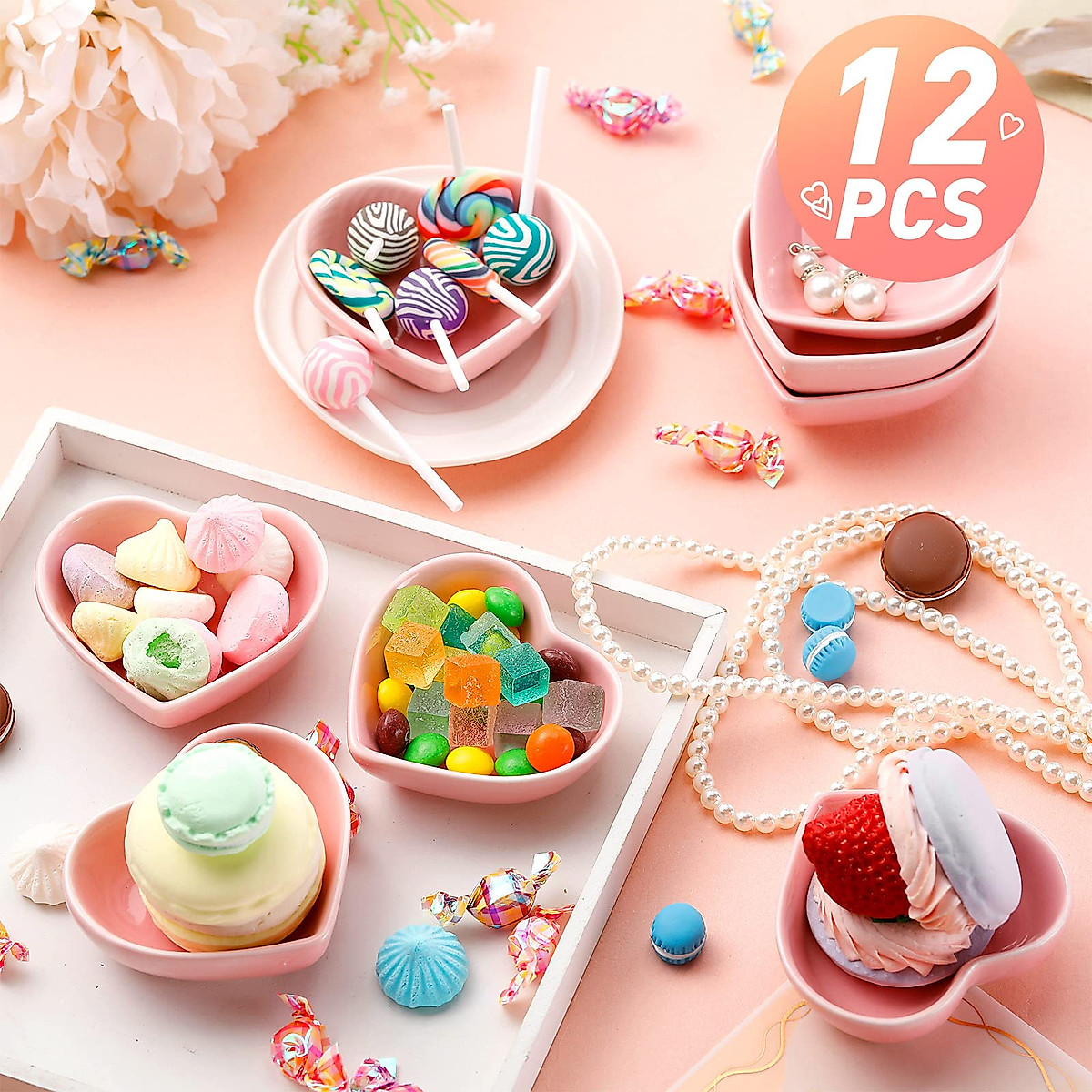 Zopeal Heart Shaped Bowls Ceramic Dishes Valentine's Day Plates Multipurpose Salad Appetizer Plates Cooking Gifts for Candy Sauce Sushi Dipping Serving Wedding Anniversary Mother's Day(Pink, 12 Set)