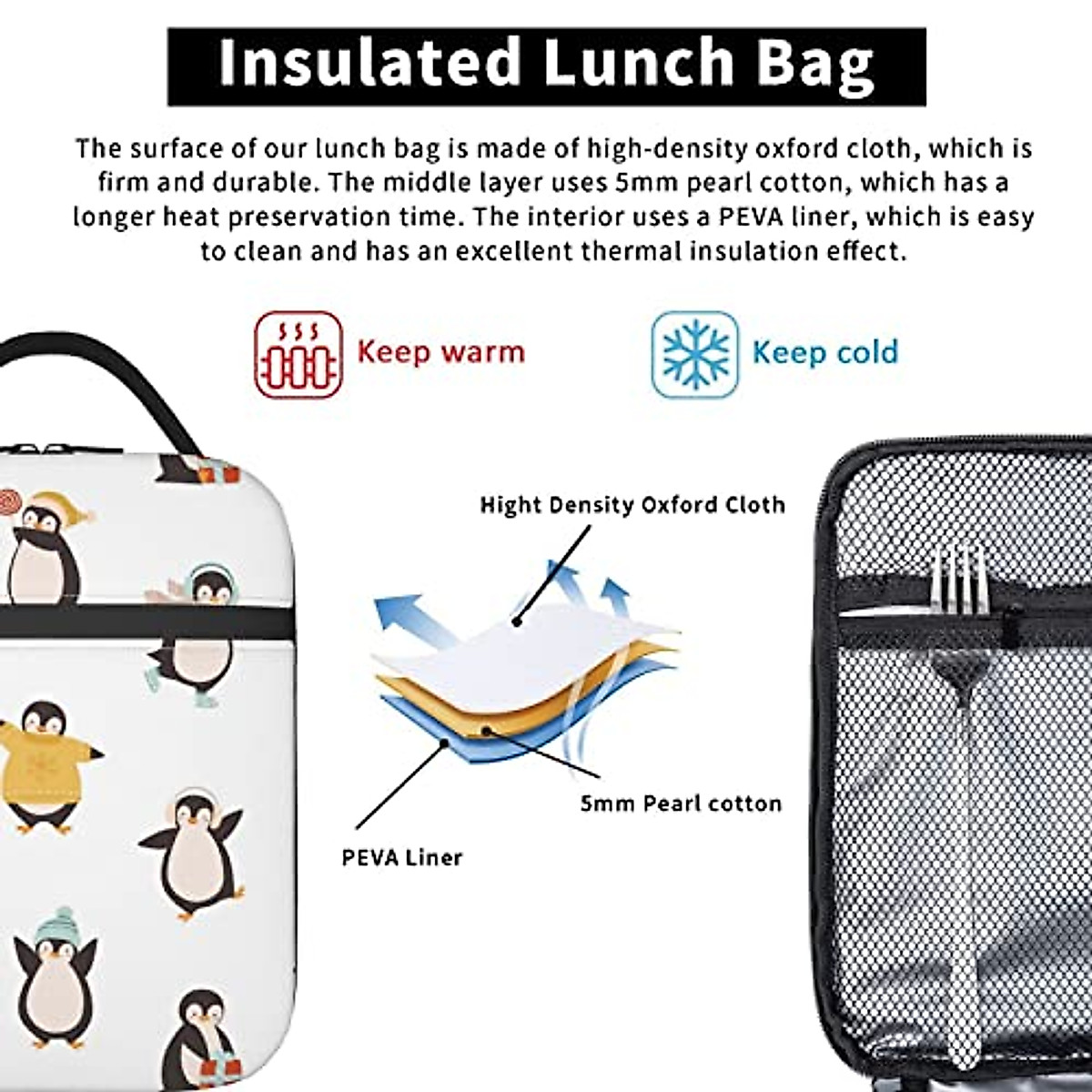 Lizinna Rportable Lunch Bag For Women/Men Insulated,Funny Polar Penguin Having Fun,Insulatedreusable Lunch Box For Office Work School Picnic Beach,Leakproof Cooler Tote Bag