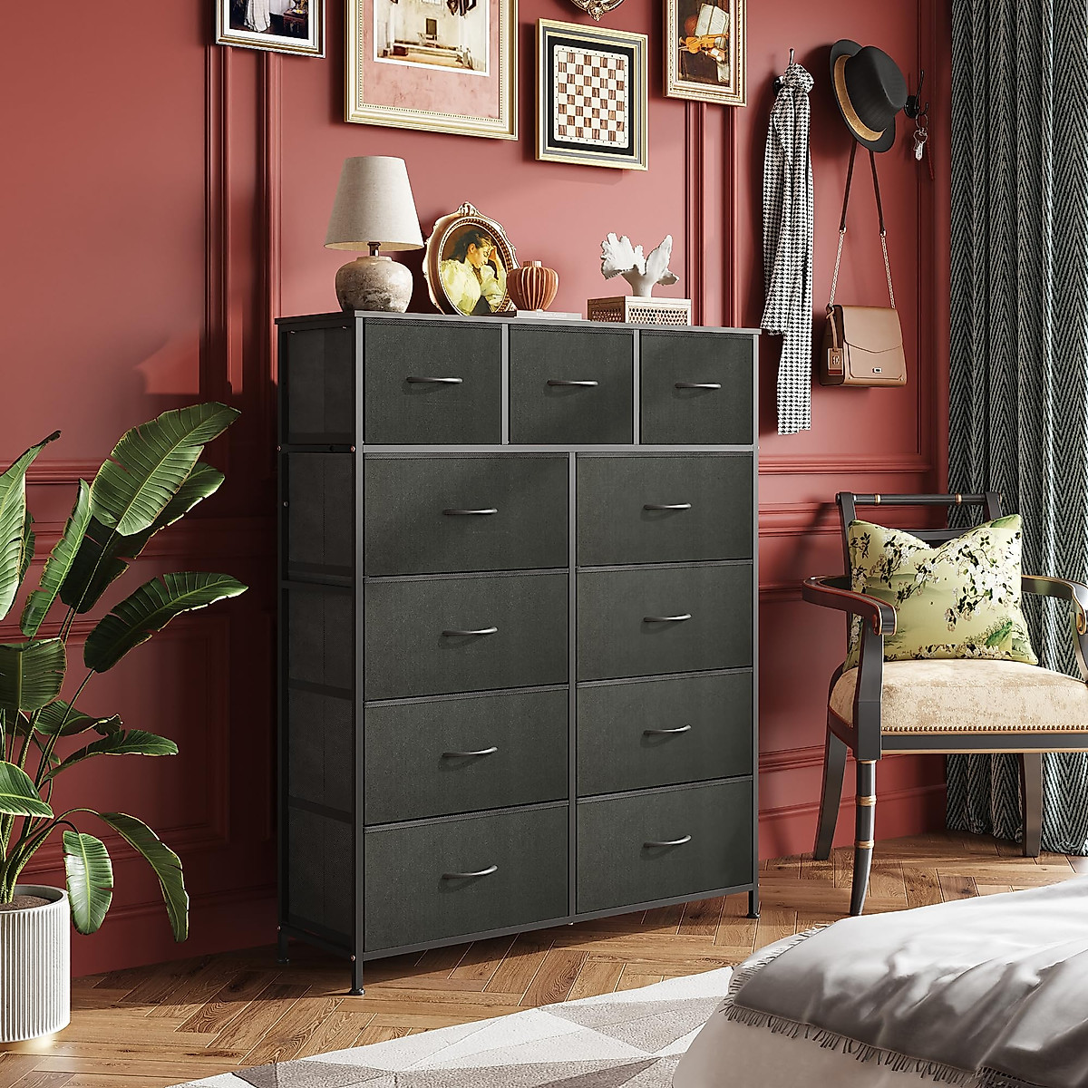 WLIVE Tall Dresser for Bedroom, Fabric Dresser Storage Tower, Dresser & Chest of Drawers Organizer Unit with 11 Drawers, Storage Cabinet, Hallway, Closets, Steel Frame, Wood Top