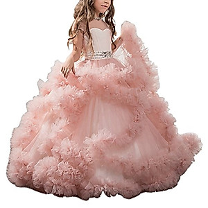 Stunning V-Back Luxury Pageant Tulle Ball Gowns for Girls 2-12 Year Old Pink,Size 10