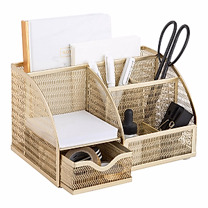 BLU MONACO Designer Metal Gold Desktop Organizer - Desk Organization for Office Accessories - Supplies, Pencils, and Pen Holder for Desk - Cute Gold Desk Accessories - Small Office Desk Organizers