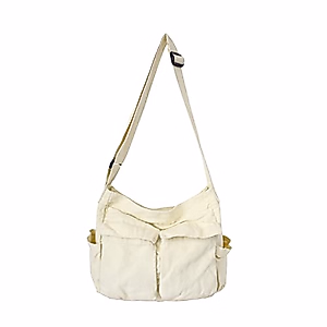 JBB Canvas Messenger Bag Hobo Tote Bag Cute Shoulder Bag Large Crossbody Bags for Women and Men White
