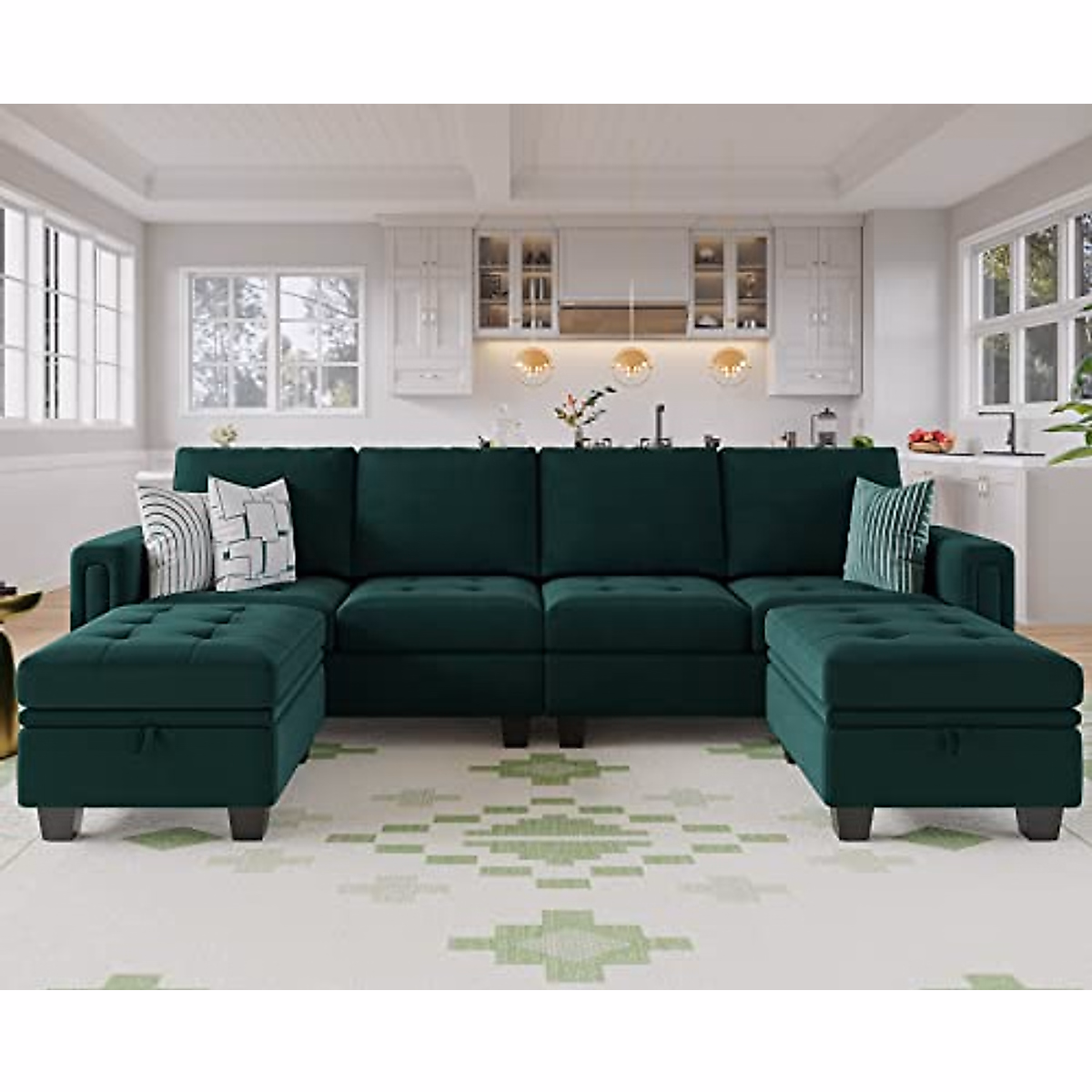 Belffin Velvet U Shaped Sectional Sofa Couch with Storage Ottoman Convertibel Sectional Sofa with Reversible Chaises Green