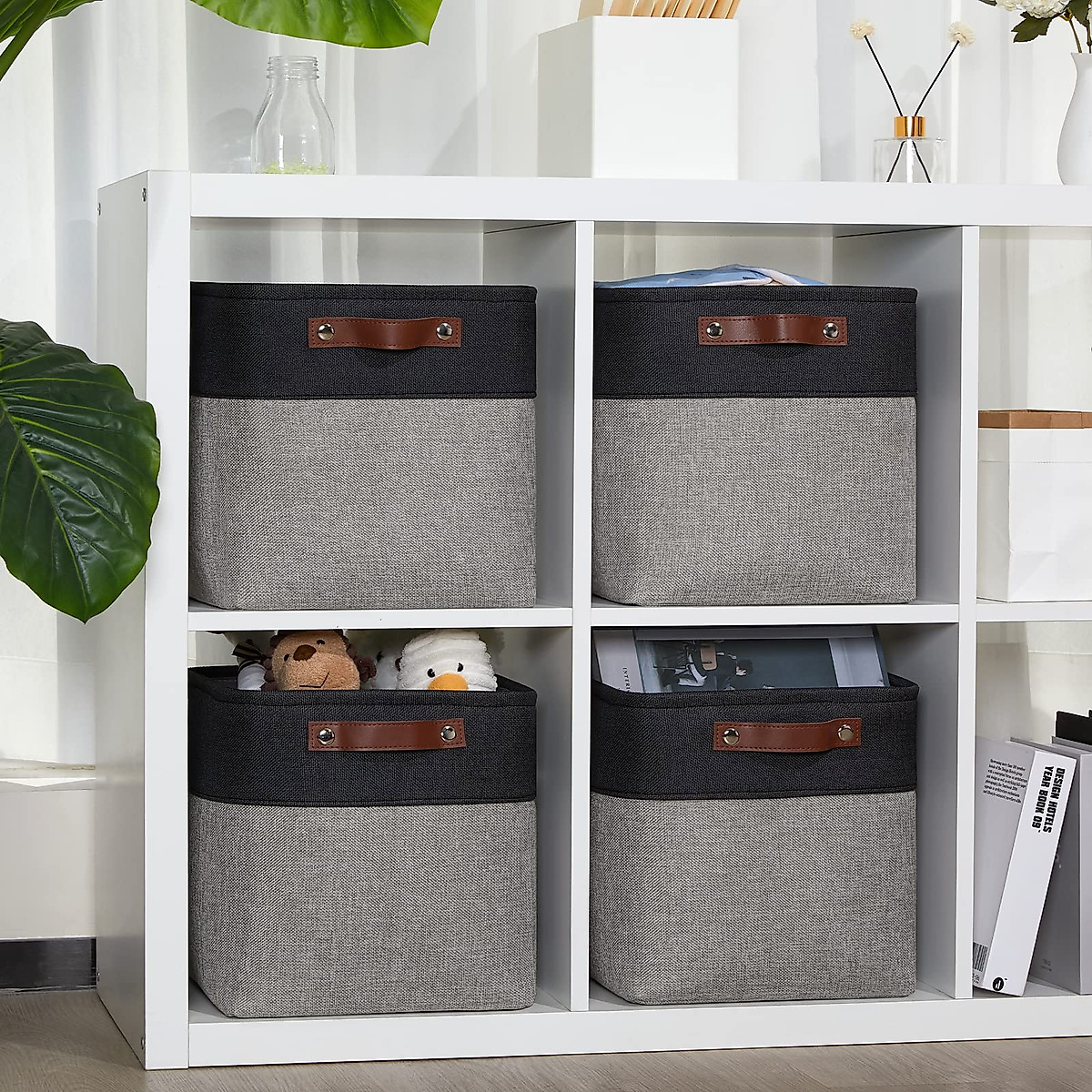 DULLEMELO Collapsible Bundle Baskets 4 Cube Baskets 11"x11"x11" + 2 Narrow Baskets 15"x6"x5.5"（Black&Grey)