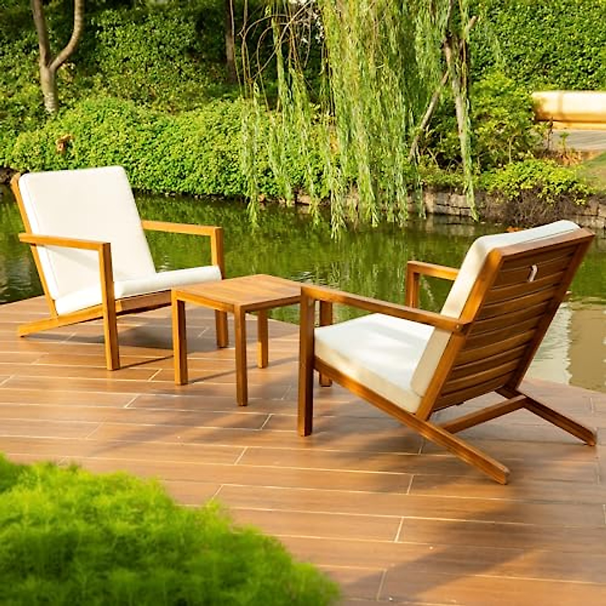 IDZO Natural 3-Piece Patio Bistro Sets with Foldable 400lbs Weight Endurance Chairs, a 220lbs Shelf Table, Made from FSC-Certified Acacia Wood, Featuring Washable Cushions and an Ergonomic Design