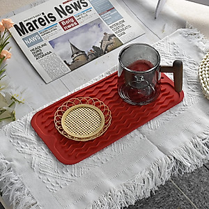 Silicone Dish Drying Mat, Non-Slip Easy Clean Sink Mat Large Heat-resistant Dish Drainer Mat for Kitchen Counter, Sink, Refrigerator or Drawer liner (12" x 6", RED)