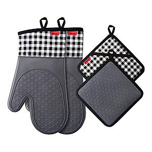 Silicone Oven Mitts and Pot Holders Sets - Ankway Heat Resistant Kitchen Mitts with Waterproof, Flexible Oven Gloves with Quilted Liner for Kitchen Cooking Baking Grilling, Dishwasher Safe, Gift Pack