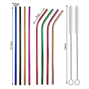 Hoshen 10Pcs Reusable Stainless Steel Color Straws, Color Metal Full Straight Straws (Including 2 Brushes), Suitable For 20/24/30 Ounce Tumblers, 8.5 Inches-Full Straight