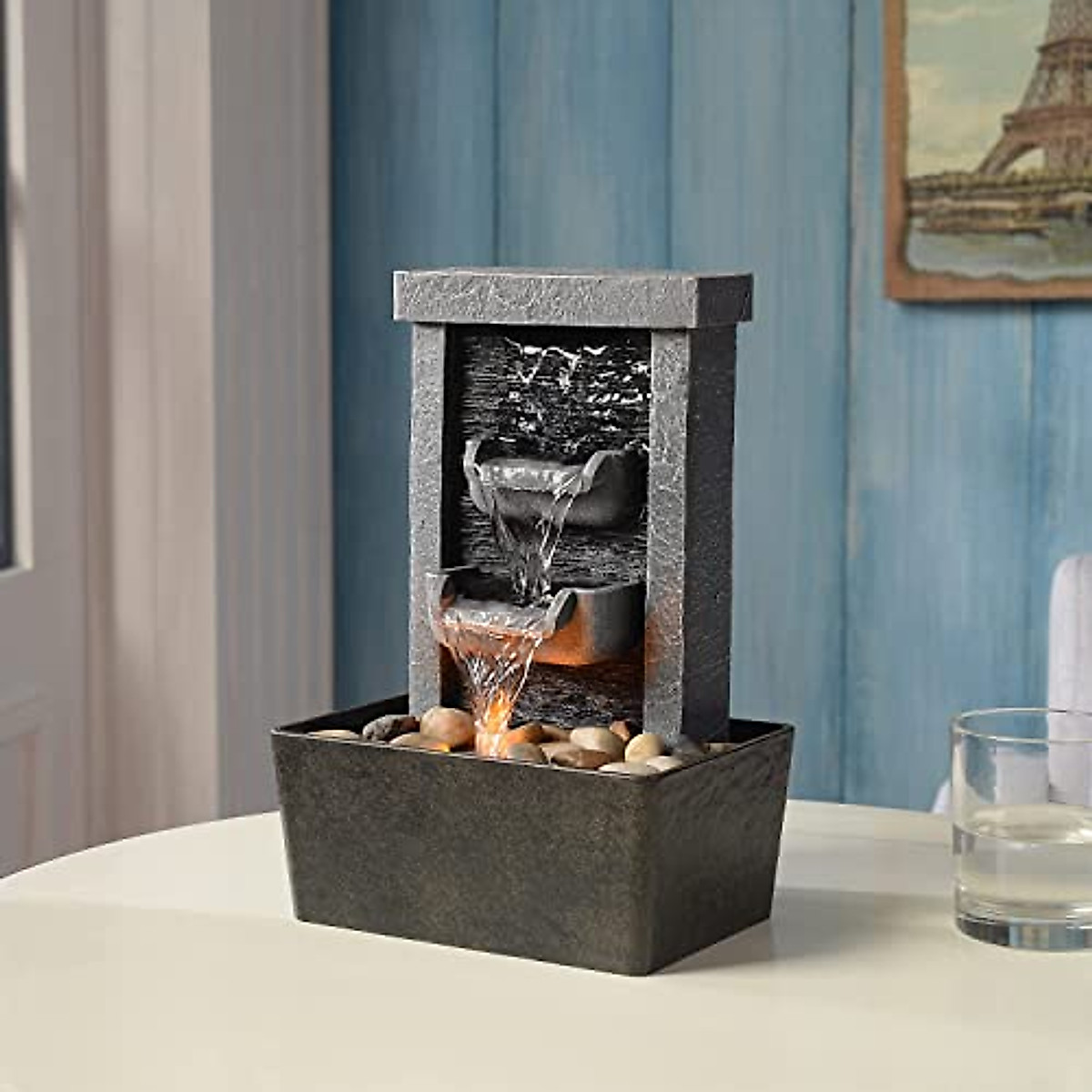 GOSSI Home Décor 10.3 in Indoor Waterfall Fountain Relaxation High Pressure Water Pumps Tabletop Fountain Nature Feeling Water Fountains with Reflective Lighting/River Rocks Home/Office Decoration