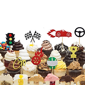 Arthsdite 24 PCS Race Car Cupcake Toppers Traffic Light Steering Wheel Trophy Flag Helmet Racing Car Cupcake Picks for Let's Go Racing Sports Theme Baby Shower Boys Birthday Party Cake Decorations