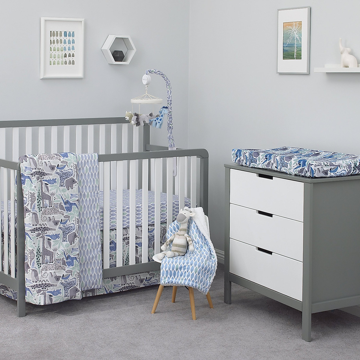 Dwell Studio Safari Skies Animal/Jungle 3 Piece Crib Bedding Set, Blue/Gray/Green/Taupe