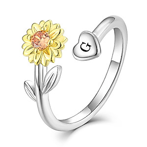 STARCHENIE Sunflower Initial Ring for Women 925 Sterling Silver Letter G Alphabet Adjustable Ring Size 7