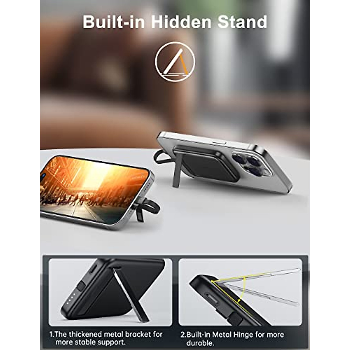 EMNT Mini Magnetic Portable Charger for iPhone,6000mAh Clutch Power Bank with Built-in Cable/Metal Stand, Battery Pack Compatible with iPhone 14/14 Plus/Pro Max/13/12/11/XS/XR/X/8/7/6/6s/5 and More.