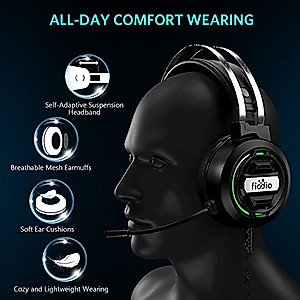 FIODIO Gaming Headset with Surround Sound Stereo for Xbox One PC Switch Tablet, Noise Cancelling Over Ear Headphones with Mic LED Light