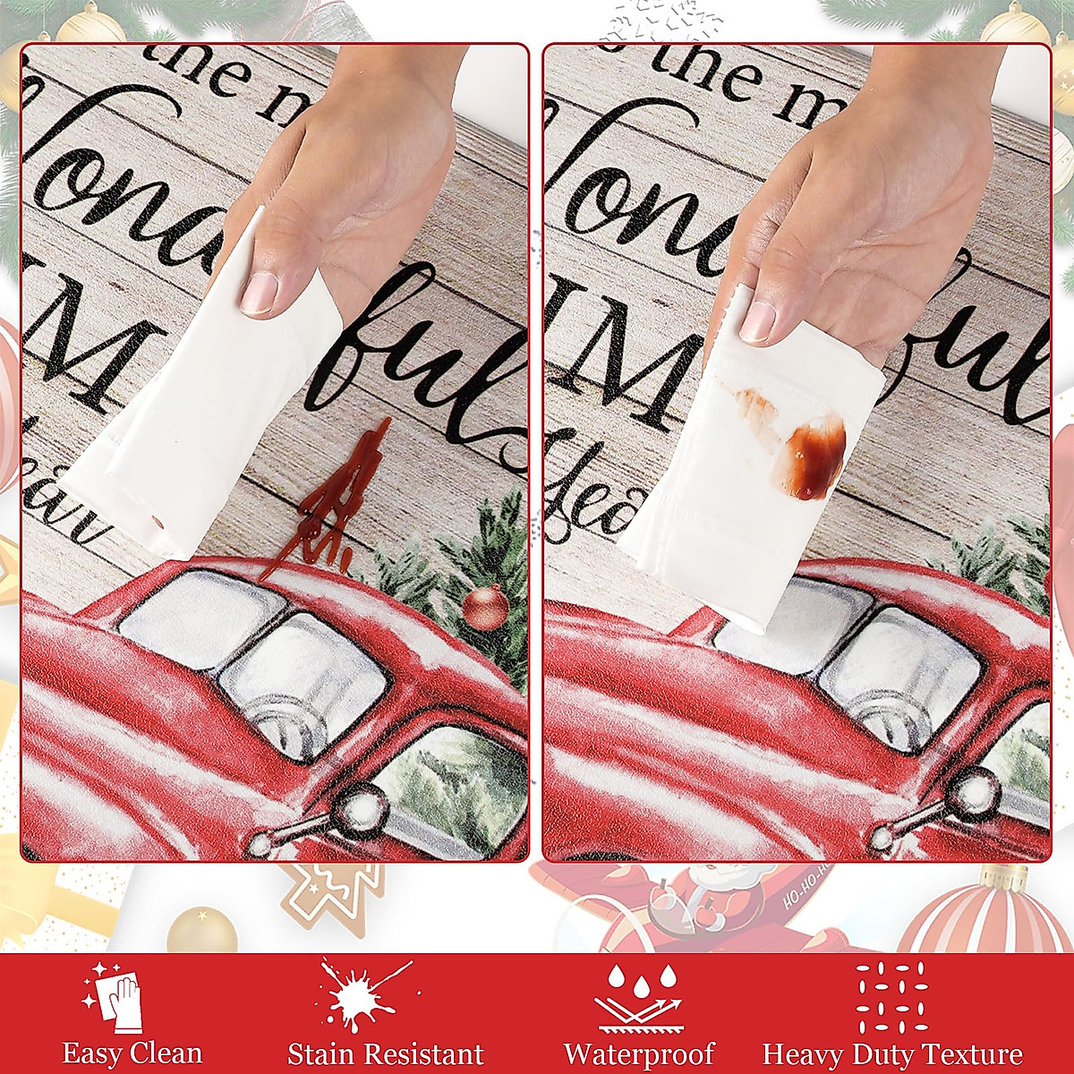 U'Artlines 2Pcs Christmas Anti Fatigue Kitchen Rugs and Mats, Red Truck Tree Non Slip Foam Cushioned Farmhouse Kitchen Floor Mats Comfort Standing Mats for Winter Home Decor