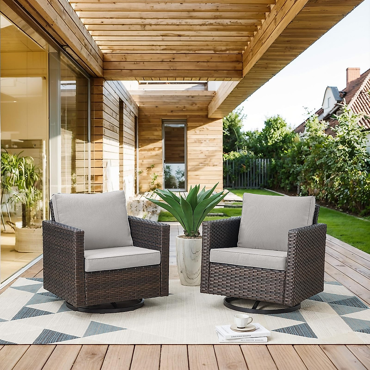 Rilyson Patio Chairs Rocking Swivel Chair - Single Outdoor Patio Rattan Wicker Rocker Chair with High Back and Deep Seating for Outdoor Outside Deck Porch Garden(Brown/Beige/1PC)