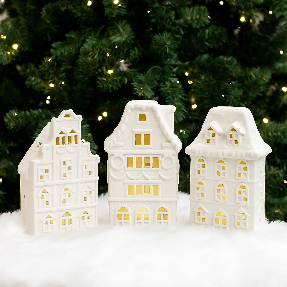 Mark Feldstein & Associates Village Row House White 8 x 4.5 Porcelain Holiday Tea Light Figurines Set of 3