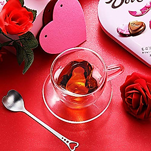 Heart Shaped Double Walled Glass Insulated Coffee Mug Clear Tea Cup 180 ml, 6 Oz Cappuccino Cup with Saucer and Heart Shaped Coffee Spoons for Valentine's Day Anniversary Party Supplies