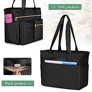 Fasrom Teacher Tote Bag for Work Women, Large Teacher Utility Bag with Padded Sleeve for up to 14 Inches Laptop and Teacher Supplies, Black (Patent Design)
