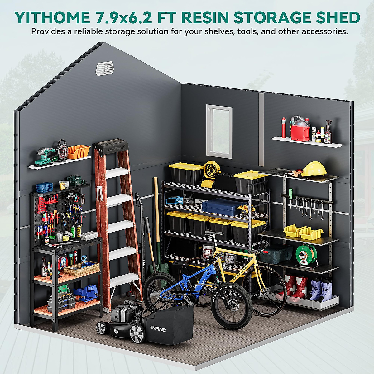 YITAHOME 8x6.2FT Outdoor Resin Storage Shed w/o Floor, All-Weather Plastic Shed with Lockable Doors, Window & Vents, Plastic Tool Shed for Backyard, Patio, Poolside, Lawn, Dark Gray