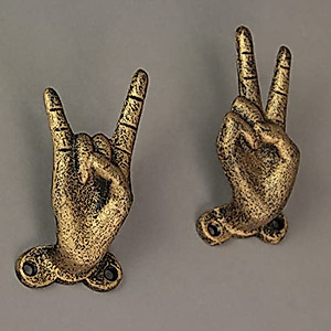 3 Gold Cast Iron Hand Gesture Decorative Wall Hooks, 4 Inches High - Peace Sign, Rock On, and Finger Gestures. Unique Stylish Key or Towel Hangers for