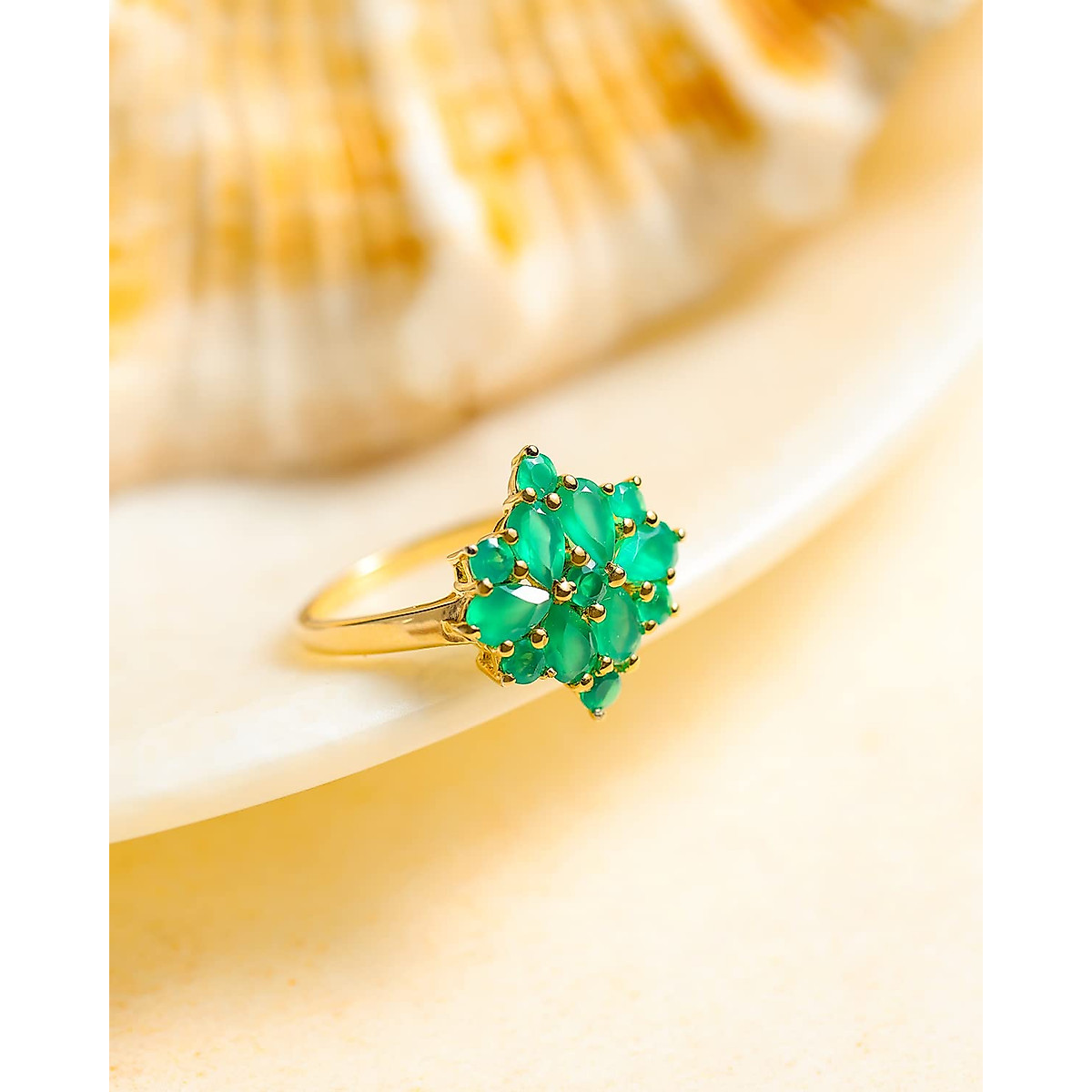 YoTreasure 3x5 MM Green Onyx Cluster Ring 14k Gold Over 925 Silver