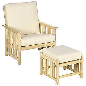 Outsunny 2-Piece Patio Furniture Set with 1 Armrest Single Chair and an Ottoman, Outdoor Wooden Chair with 4" Thick Padded Cushions for Backyard, Porch, and Poolside, Beige