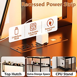 Hyomdeck L Shaped Computer Desk with Hutch and Storage Shelves, Gaming Desk with LED Lights, Reversible L-Shaped Desk with Power Outlets, Home Office Desk, Corner Desk, Black