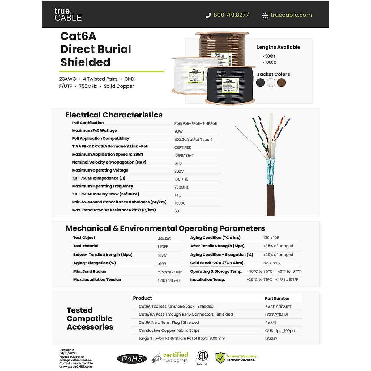 trueCABLE Cat6A Direct Burial, Shielded FTP, 1000ft, Waterproof, Outdoor Rated CMX, Black, 23AWG Solid Bare Copper, 750MHz, PoE++ (4PPoE), ETL Listed, Bulk Ethernet Cable