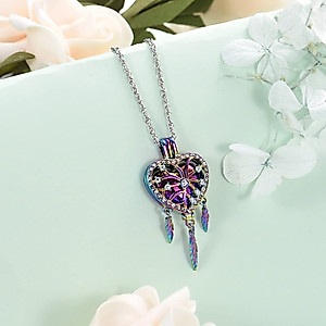 shajwo Dream Catcher Urn Necklace Heart Cremation Jewelry for Ashes for Women Men Angel Wing Flower Memorial Hollow Pendant,Full Rainbow