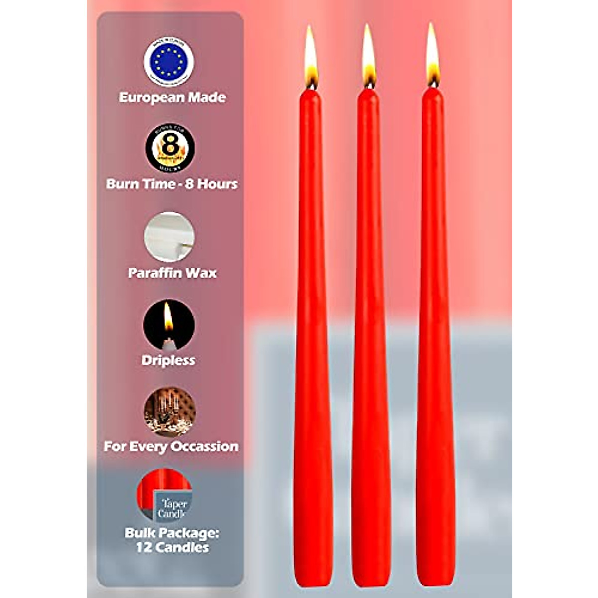 Hyoola 12 Pack Tall Red Taper Candles - 10 Inch Red Dripless, Unscented Dinner Candle - Paraffin Wax with Cotton Wicks - 8 Hour Burn Time.