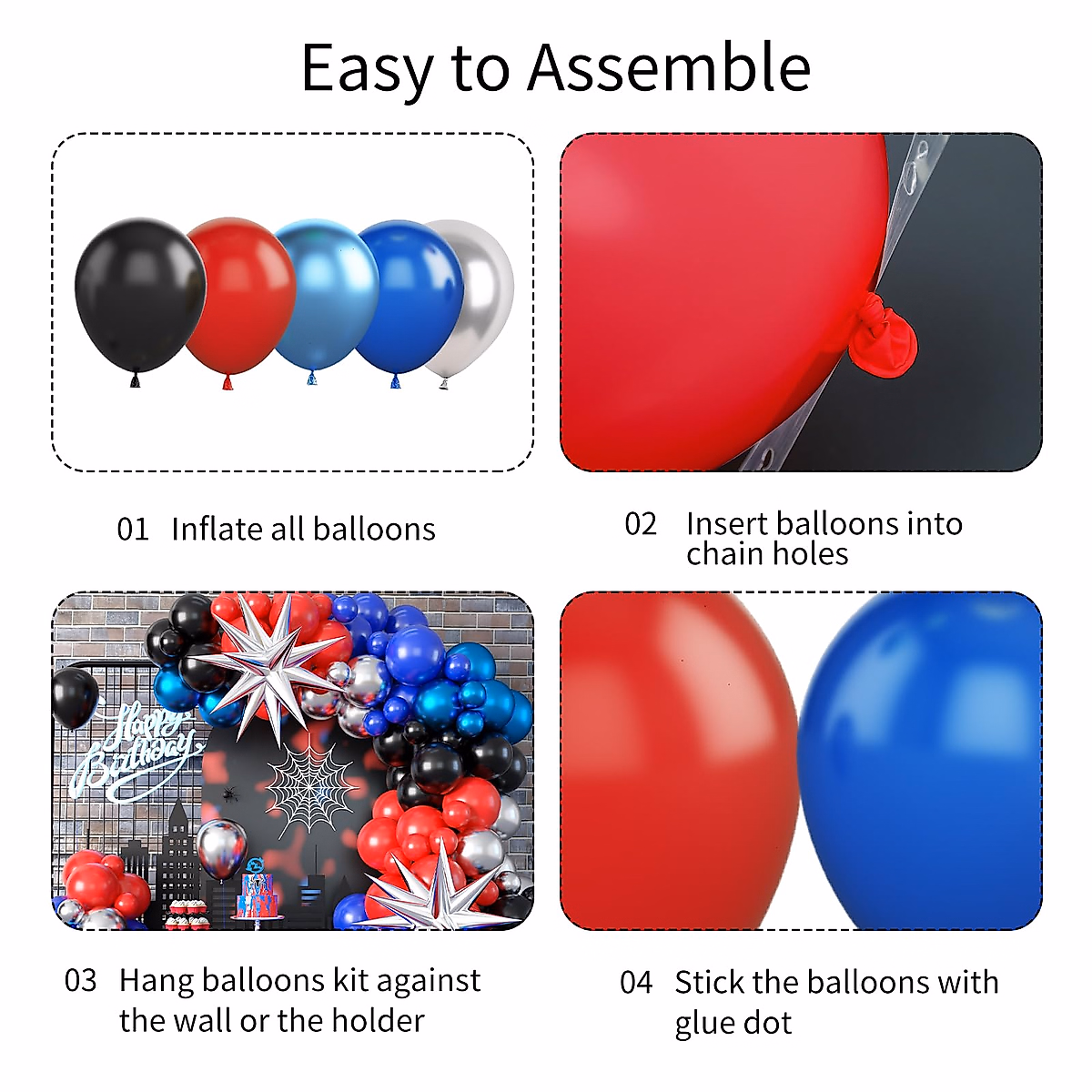 GREMAG Red Blue Black Balloon Arch, 122 Pcs Spider Theme Balloon Garland Kit, Royal Blue and Metallic Silver Blue Balloons with Two Silver Explosion Star Foil Balloon, for Boys Hero Theme Party Decor