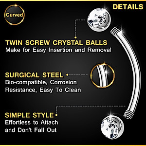 2PCS Surgical Steel Curved Barbell 16g 1/4" (6mm) 3mm Clear Crystal Ball Tragus Rim Earrings Eyebrow Piercing Jewelry 8021
