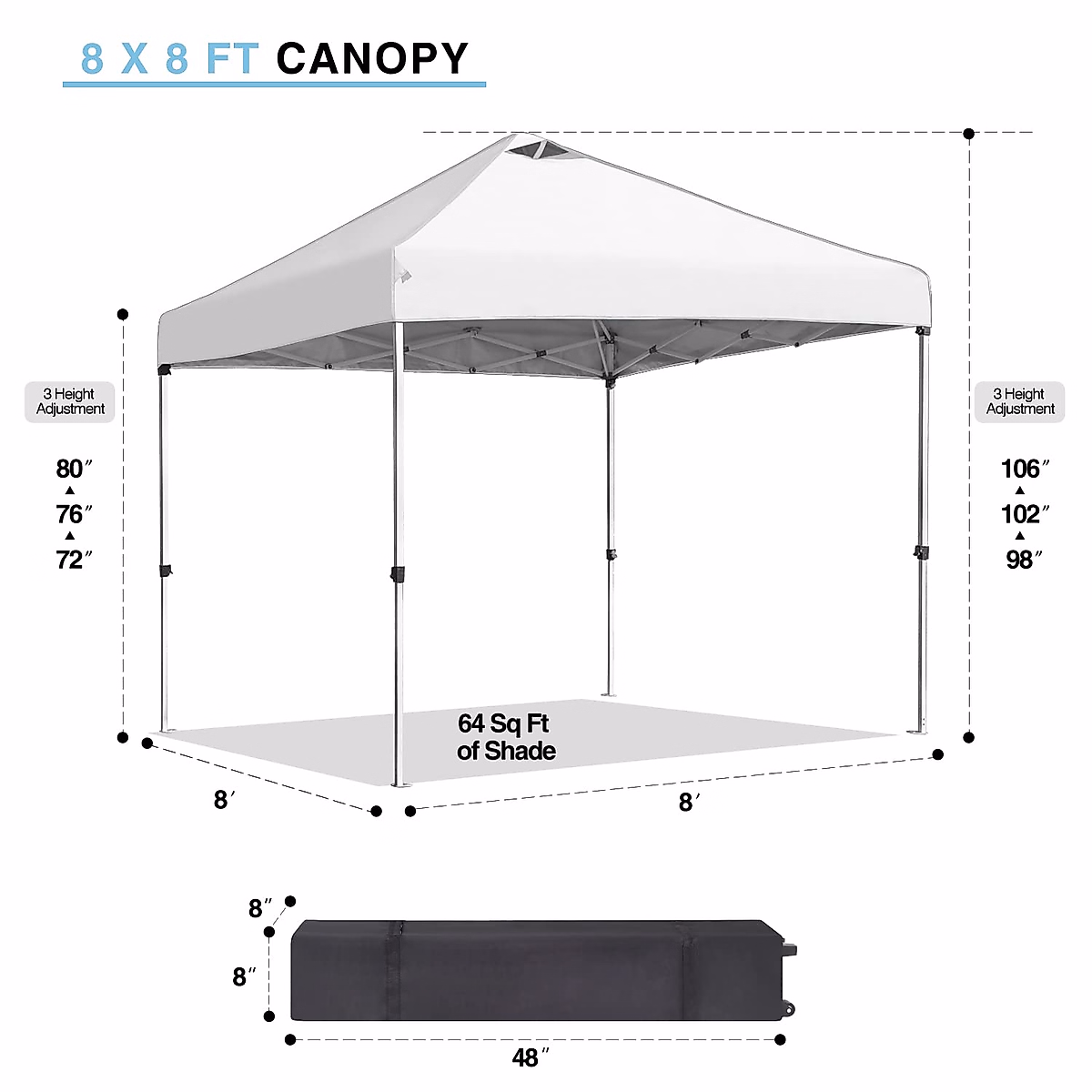 CAJECUS 8' x 8' Pop Up Canopy with Air Vent on The Top, Durable Easy Beach Canopy Tent, Waterproof Outdoor Canopy with 3 Adjustable Height, Roller Bag, 4 Sand Bags, 4 Ropes and 8 Stake