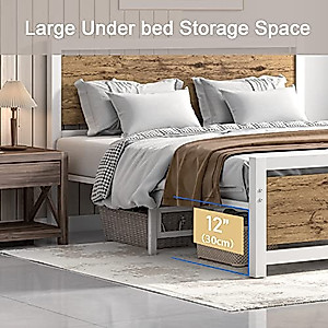 Bed Frame Twin Size with Headboard, Platform Bed Frame Twin with White Heavy Duty Steel Slats Support, Metal Twin Bed Frames No Box Spring Needed, Underbed Storage Space, Noise-Free, Rustic Brown