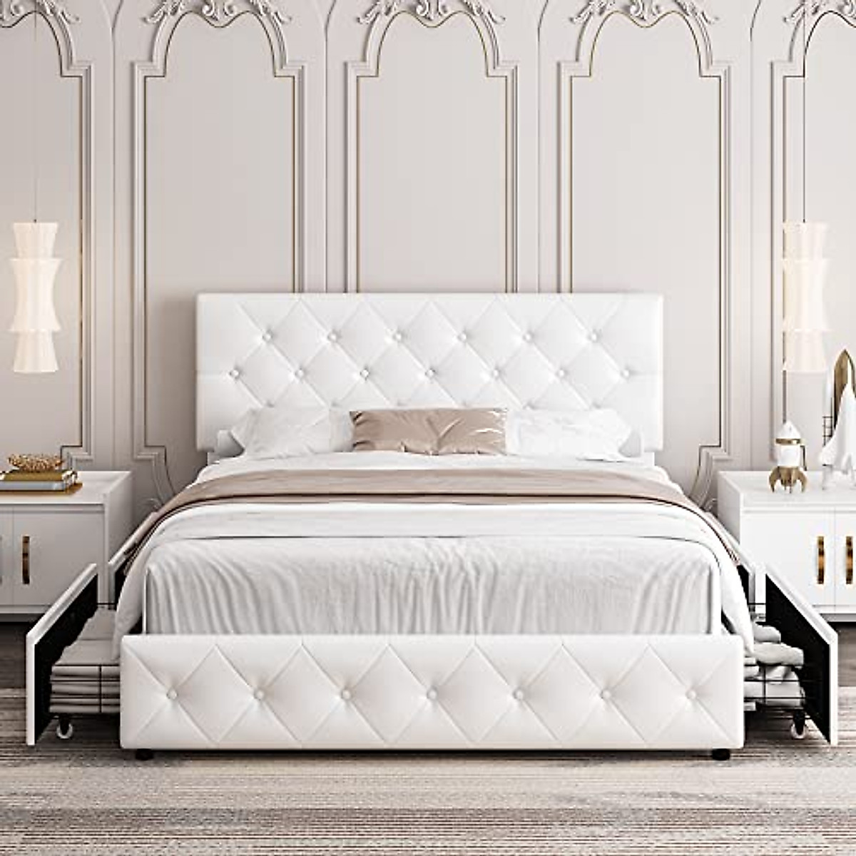 Queen Bed Frame with Storage and Adjustable Headboard, Bed Frame with 4 Drawers and Wooden Slats Support, No Box Spring Needed, PU, White