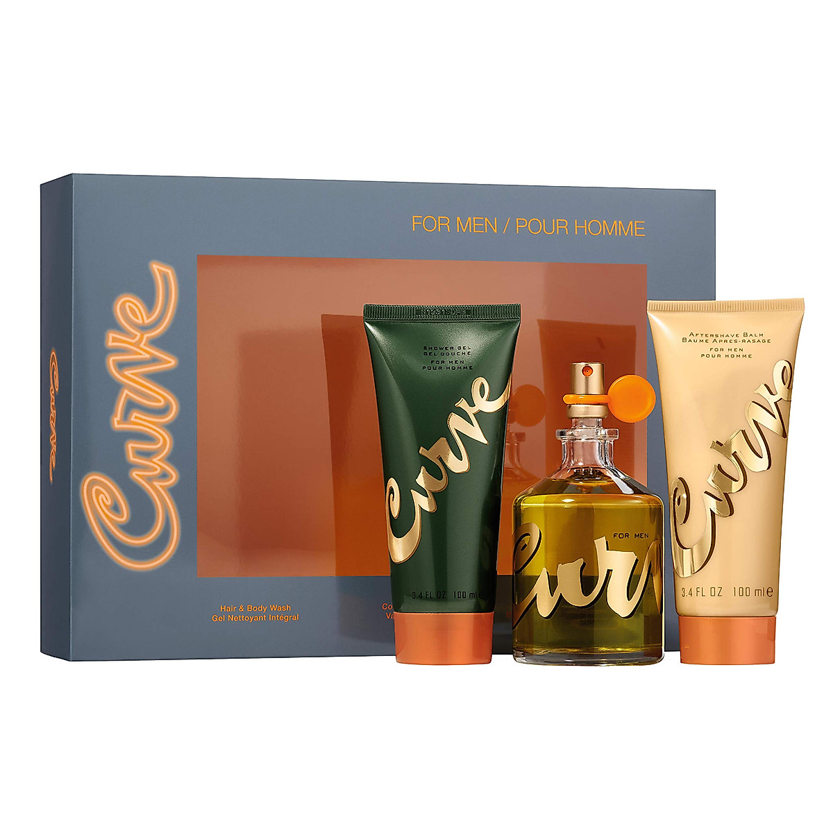 Curve Men's Cologne Gift Set, 3 Pieces Include 4.2 Fl Oz Cologne, Hair and Body Wash, and Face Balm