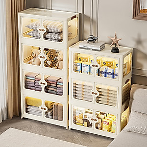 UFORU 9gal/36QT 3 Packs Stackable Storage Bins Open Front, Plastic Storage Containers with Lid, Foldable Storage Box with Doors and Wheels, Storage Organizer for Home, Office