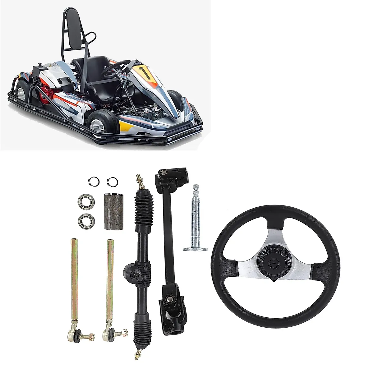 Vomeko Kart Steering Wheel Assembly - Gear Rack Pinion Adjustable Shaft Set with 300mm Steering Wheel Steel Kit for 150cc-250cc Engines Go Kart Steering System Replacement