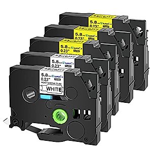 USUPERINK Compatible for Brother P-Touch 3PK HSe-611 HSe611 HS-611 HS611 Black on Yellow and 2PK Hse-211 Hse211 Black on White 5.8mm 0.23'' Heat Shrink Tubing Label Tape for Wire Cable